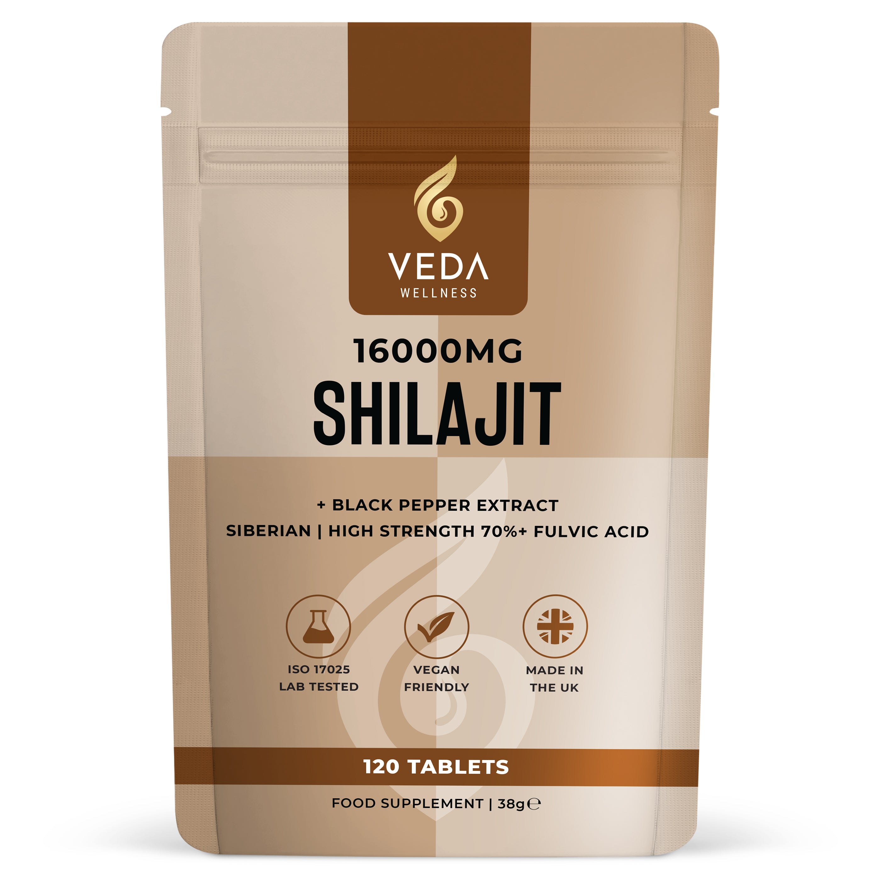 Pure Shilajit 16000mg - 70%+ Fulvic Acid, 120 Tablets with Black Peppe