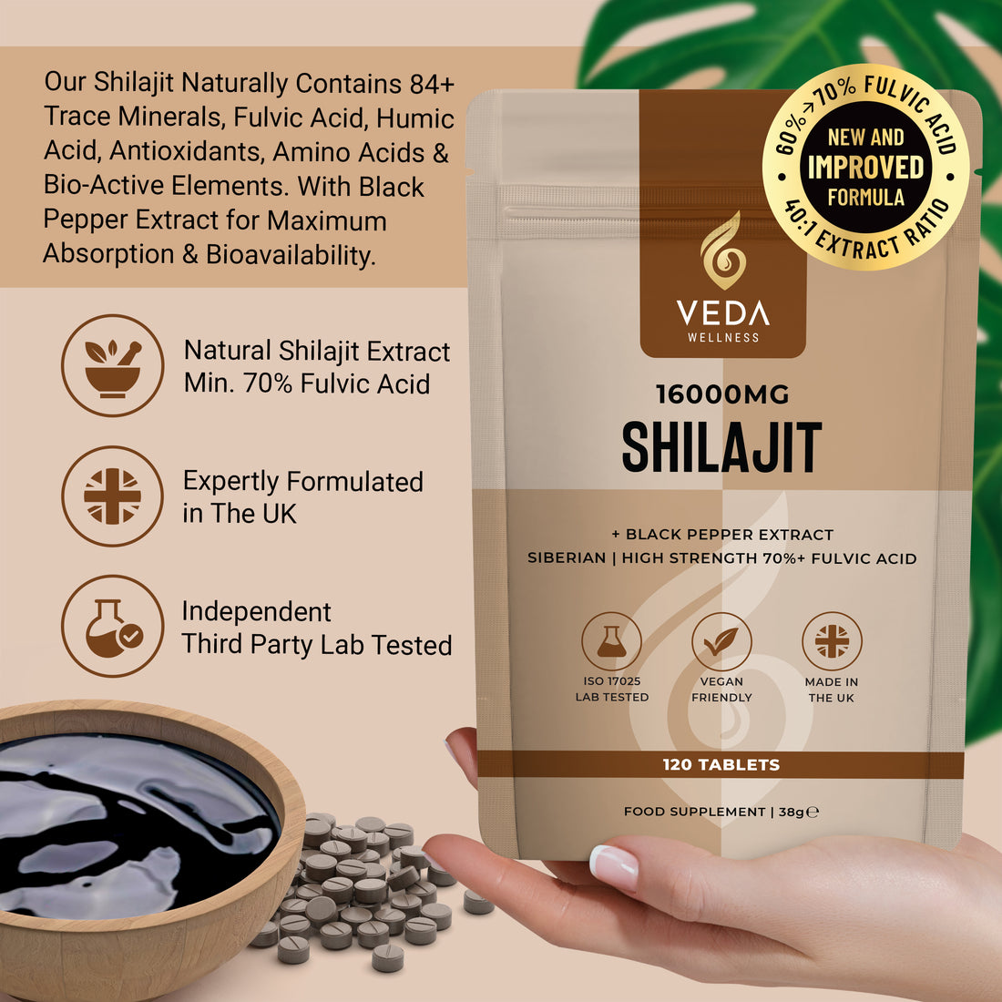 Pure Shilajit 16000mg - 70%+ Fulvic Acid, 120 Tablets with Black Peppe